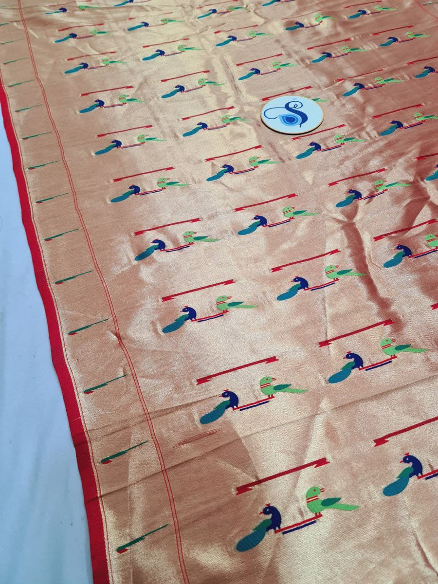 Paithani Fabric - Red & Golden Zari Fabric- 1 Meter PZF1 A1 – Shankari ...